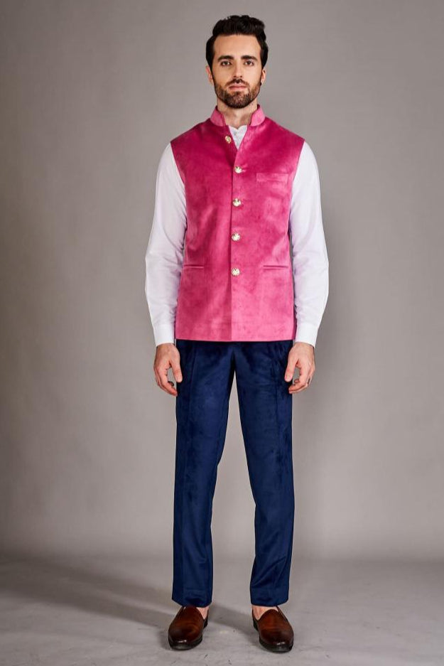 Baby pink velvet classic bundi with white chinese collar shirt - Arjuun ...