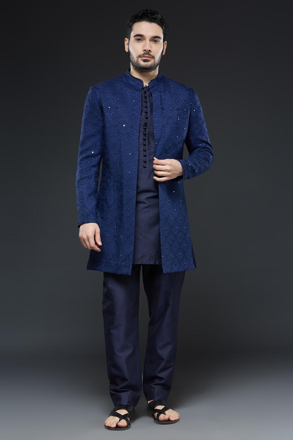 Navy blue sherwani open jacket set with navy blue kurta and slim pant ...