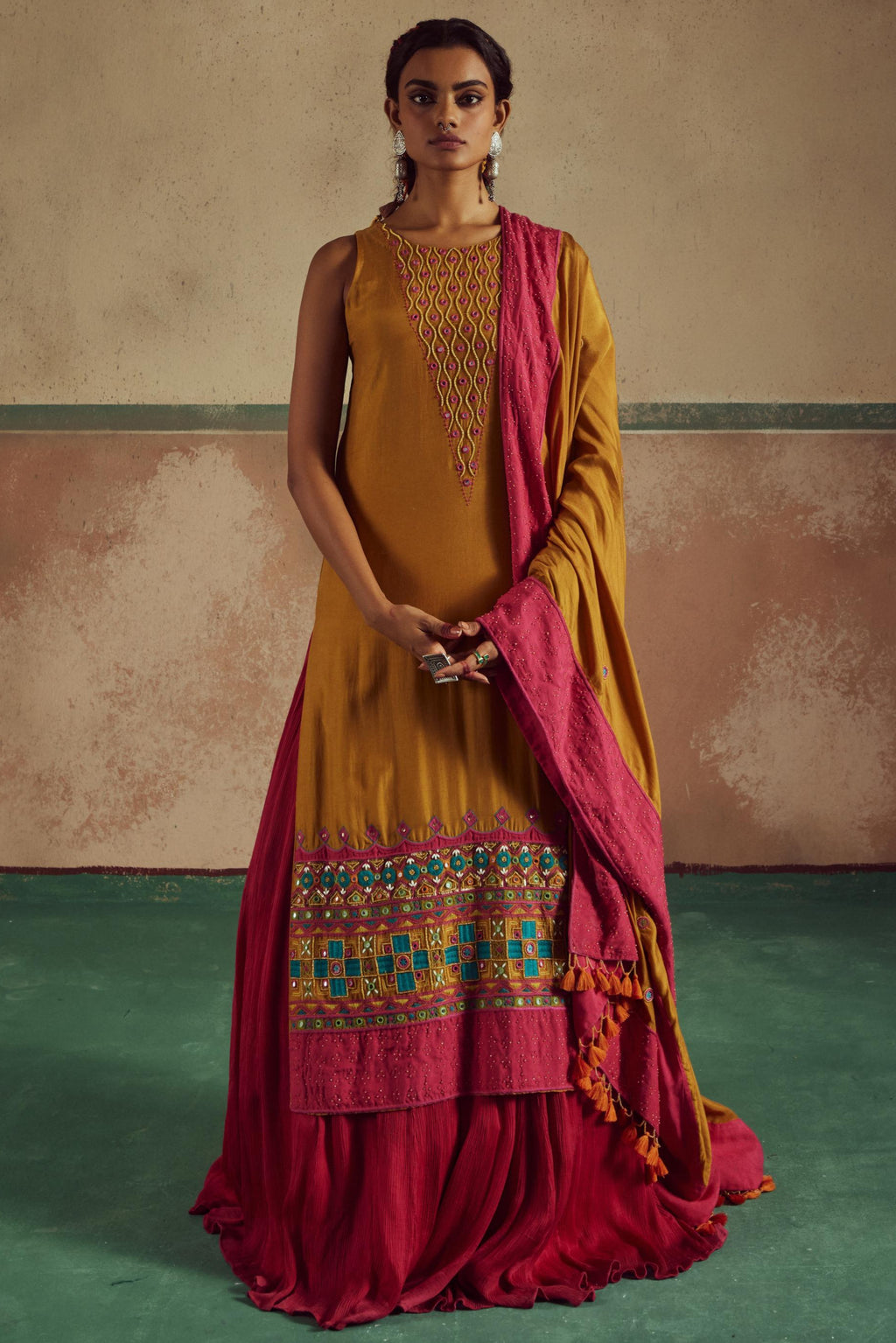 Kesari mustard embroidered kurta set rang with lehenga - Zariya | Mrs. G